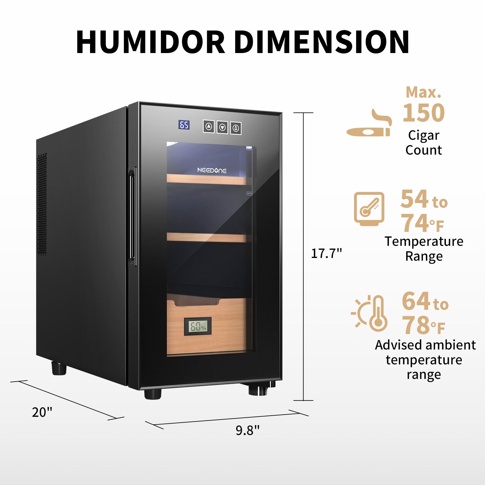 Cigar Humidor, 23L Cooling Electronic Cabinet - NEEDONE