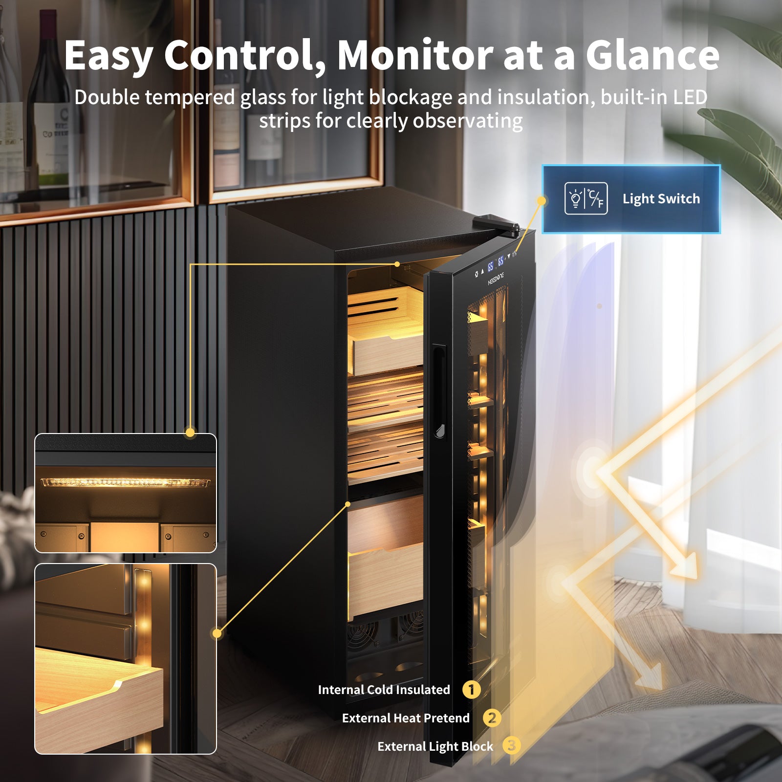 Cigar Humidor, 60L Pro Temp Humidity Control - NEEDONE